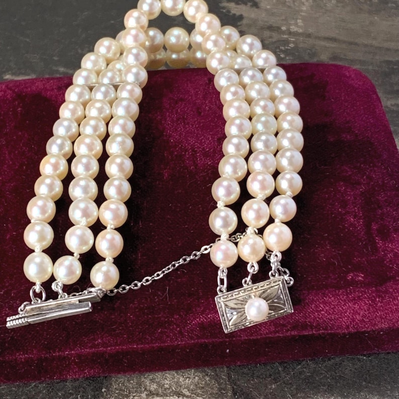 1960s Triple Strand Mikimoto Pearl Bracelet 84 AAA Akoya Pearls, Silver ...