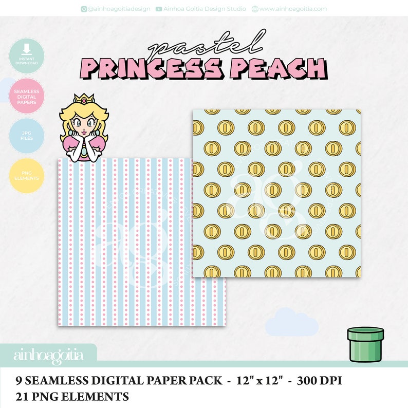 Princess Peach Digital Paper Pack: Seamless Patterns & Cliparts ...