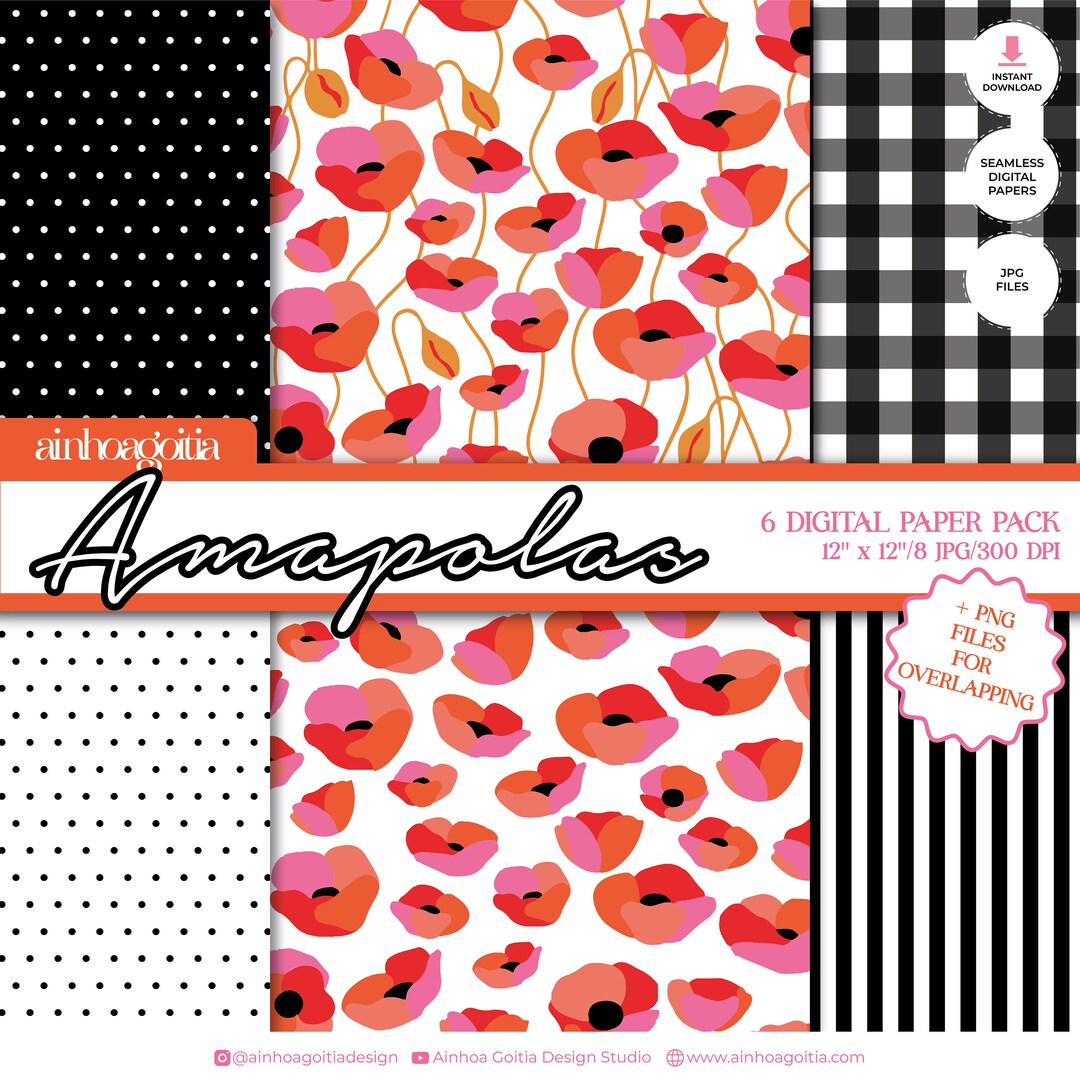 Poppies Digital Paper Pack: Seamless Floral Patterns (JPG, PNG) - Etsy