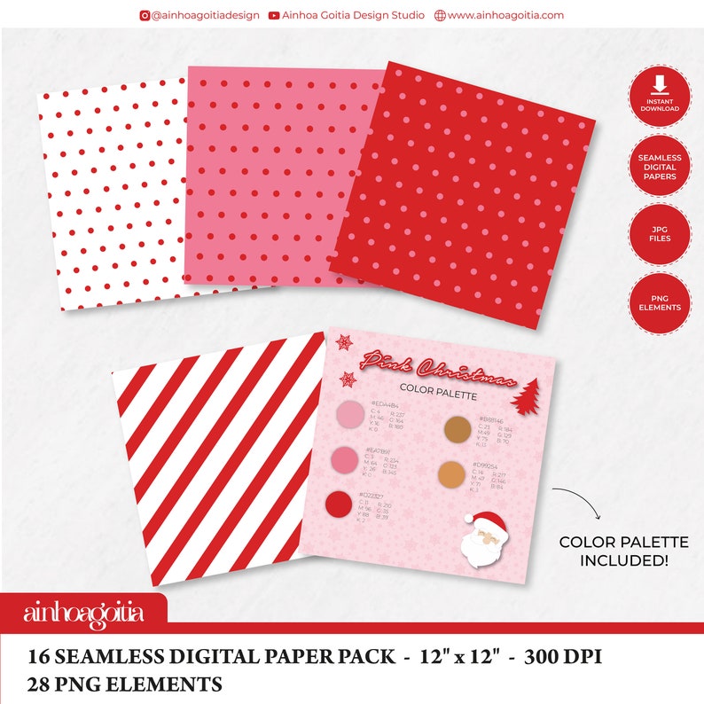 Pink Christmas Digital Paper Pack: Seamless Patterns & Cliparts ...