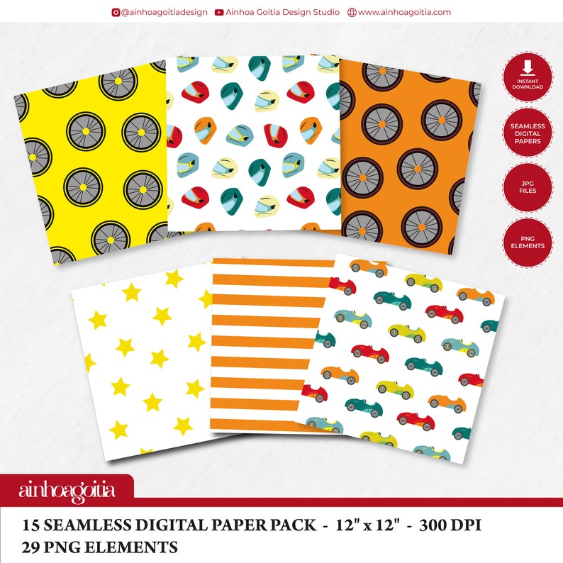 Speed Racer Digital Paper Pack: Seamless Patterns & Cliparts (PNG, JPG ...