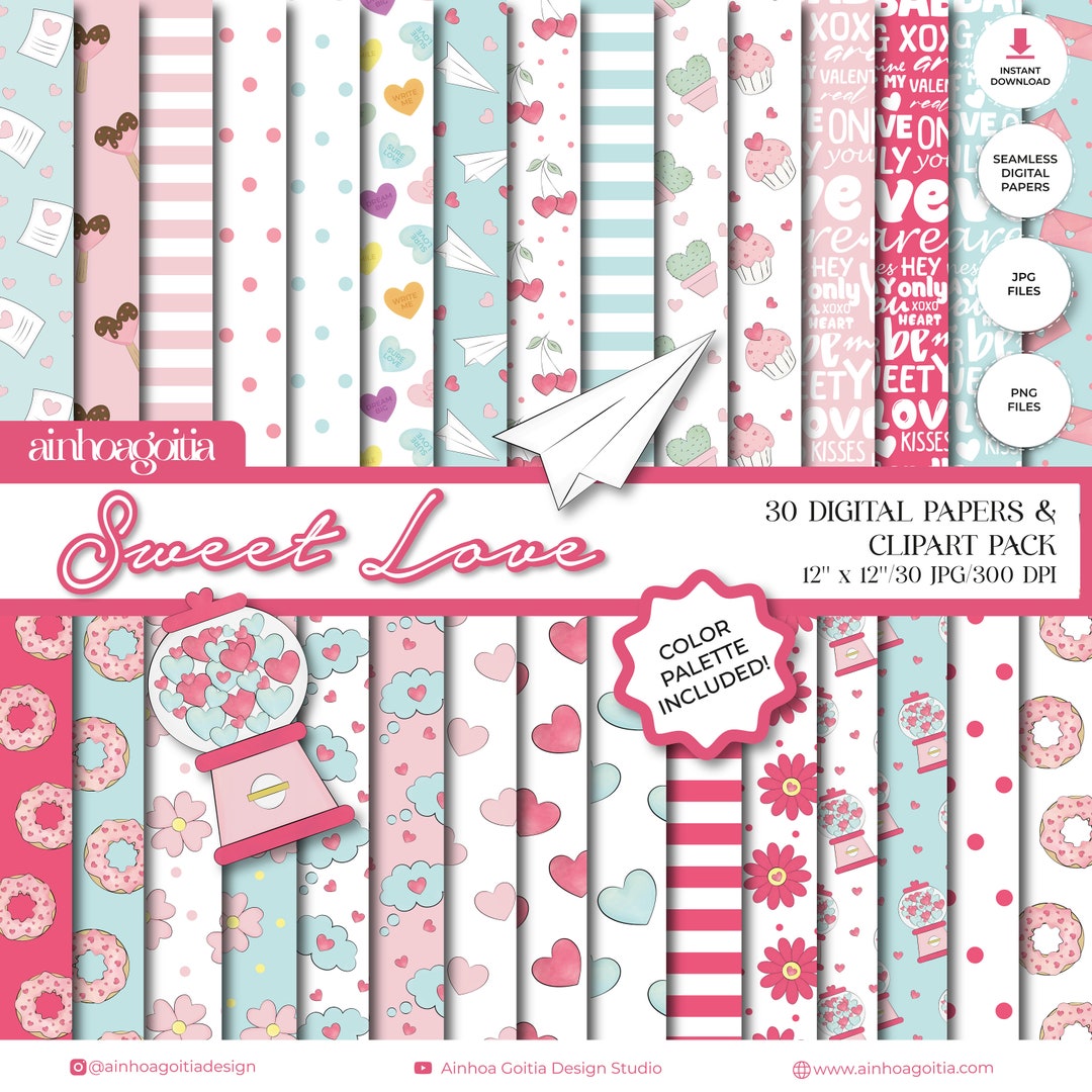 Sweet Love Digital Paper Pack: Pastel Groovy Patterns & Cliparts (PNG ...