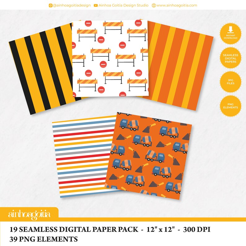 Construction Digital Paper Pack: Seamless Patterns & Cliparts (PNG, JPG ...