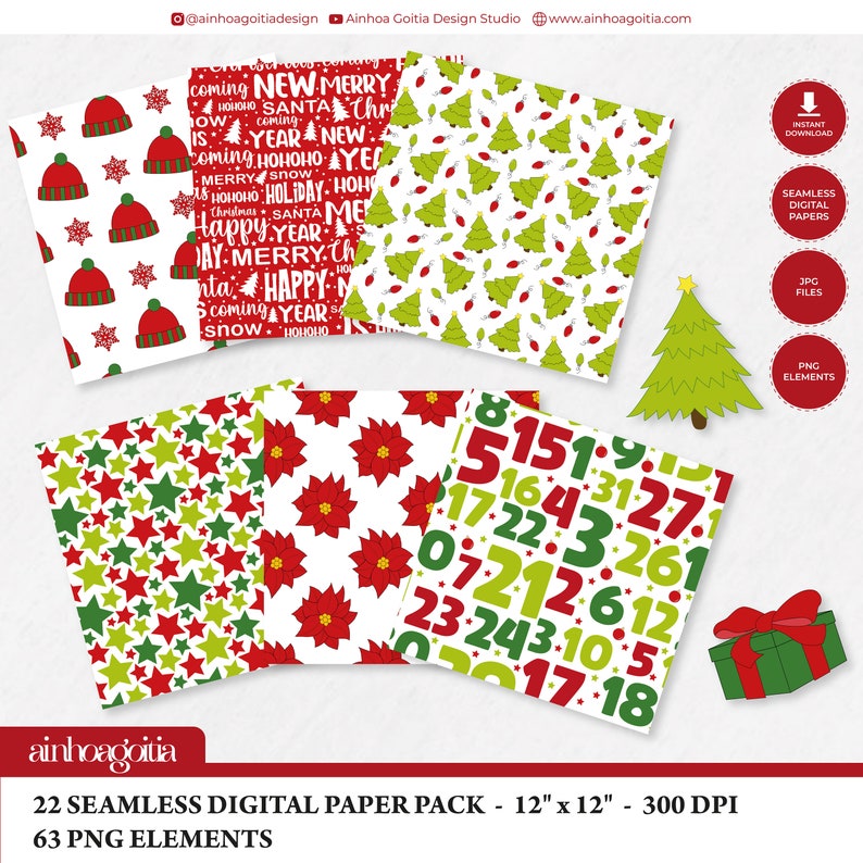 Christmas Digital Paper Pack: Seamless Patterns & Cliparts (PNG, JPG ...