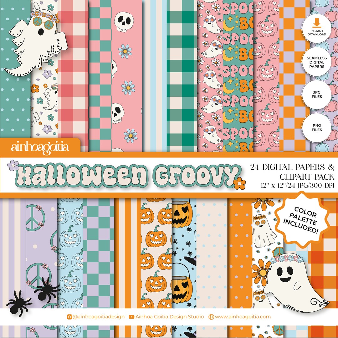 Groovy Halloween Digital Paper Pack: Seamless Patterns & Cliparts (PNG ...