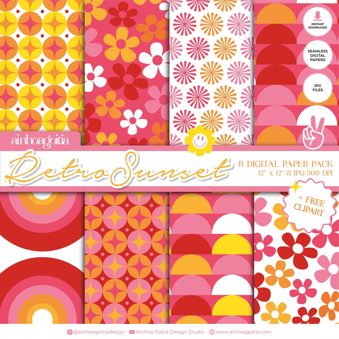 Retro Sunset Groovy Digital Paper, Seamless Retro Digital Paper ...