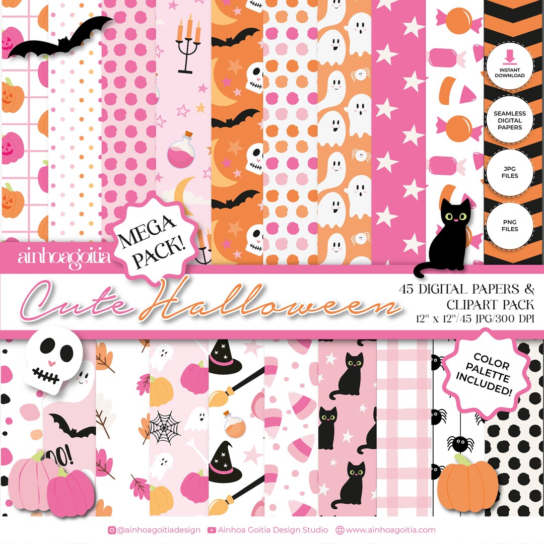 Cute Halloween Digital Paper & Cliparts, Seamless Digital Paper, Spooky ...