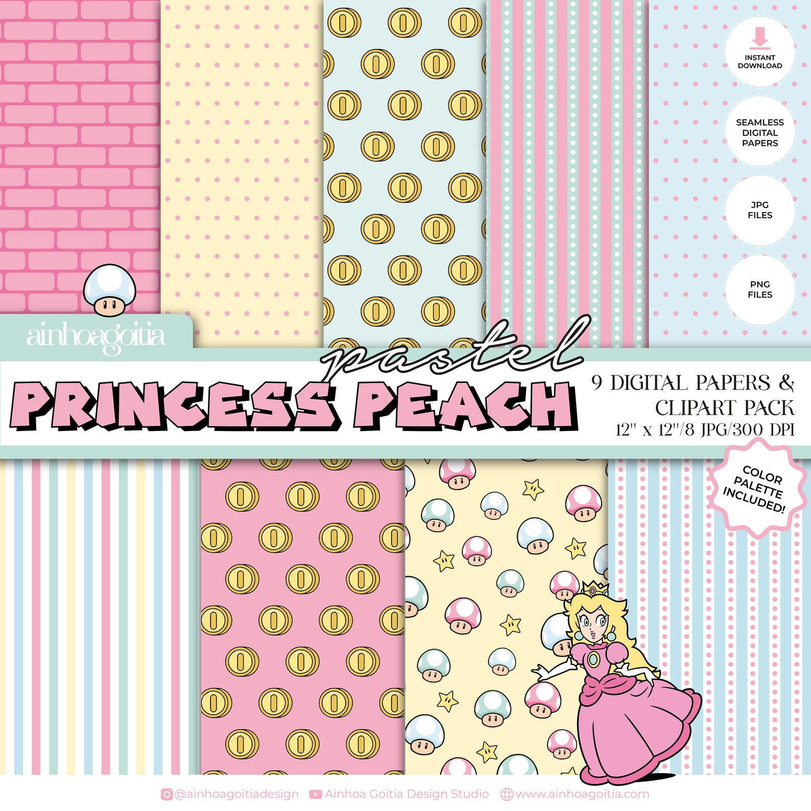 Princess Peach Digital Paper Pack: Seamless Patterns & Cliparts ...
