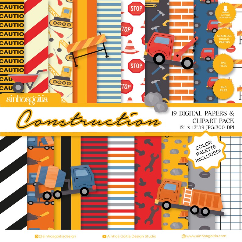 Construction Digital Paper Pack: Seamless Patterns & Cliparts (PNG, JPG ...