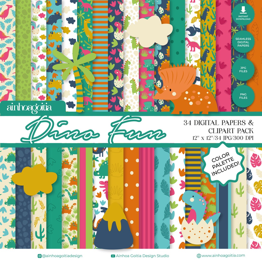 Dino Fun Digital Paper: Seamless Dinosaur Clipart Pack (PNG, JPG) - Etsy