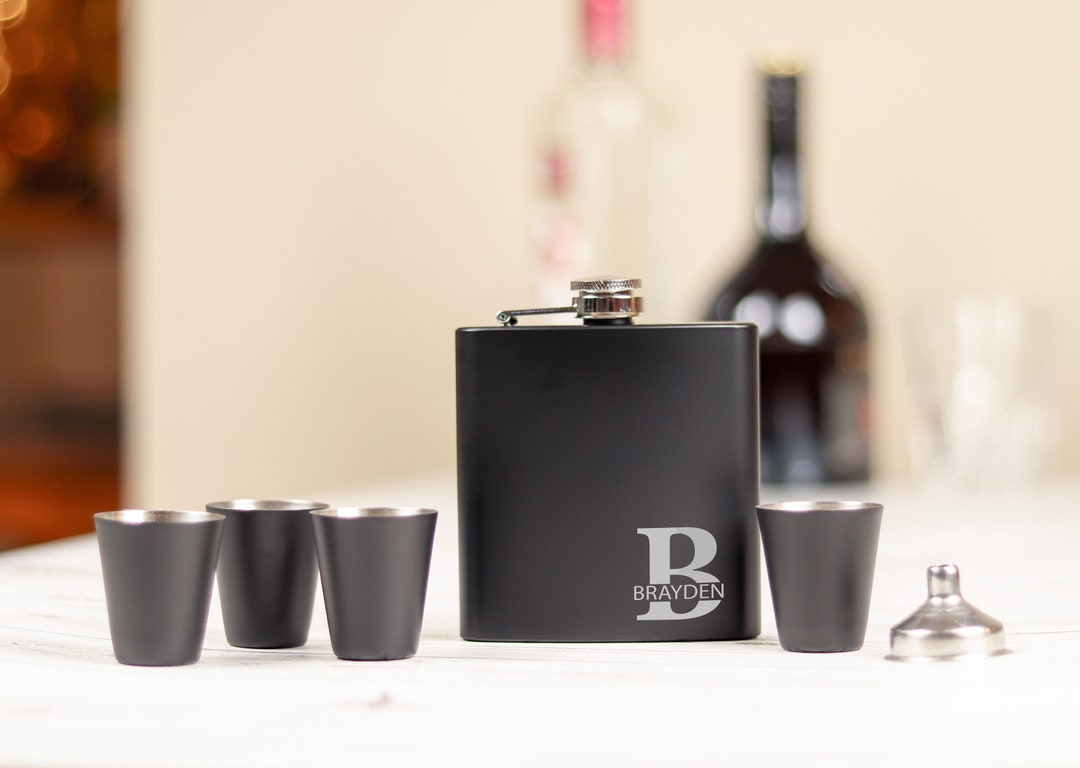 Personalized Black Matt Flask Set Gift Box, Black Hip Flask Set With ...