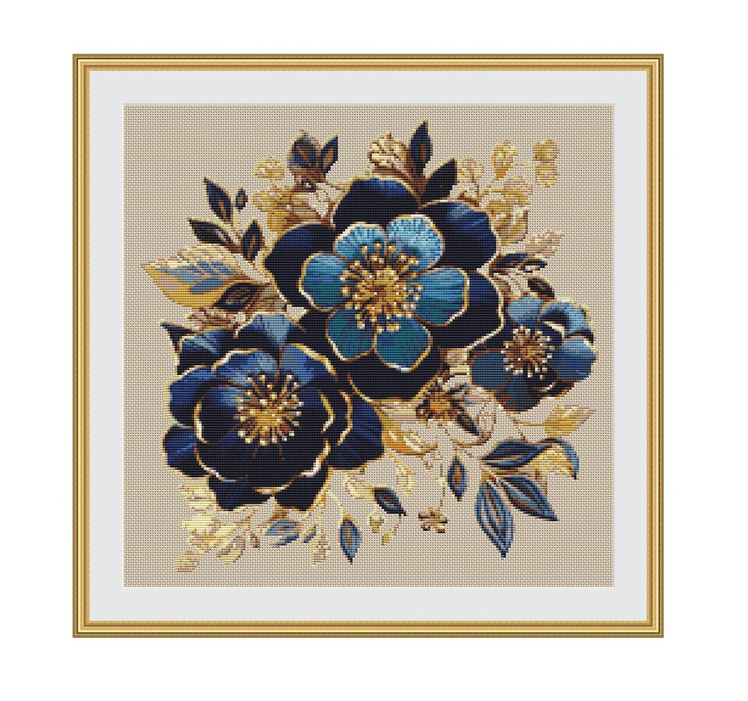 Gold & Blue Floral Cross Stitch Pattern: 3D Metallic Embroidery (PDF ...
