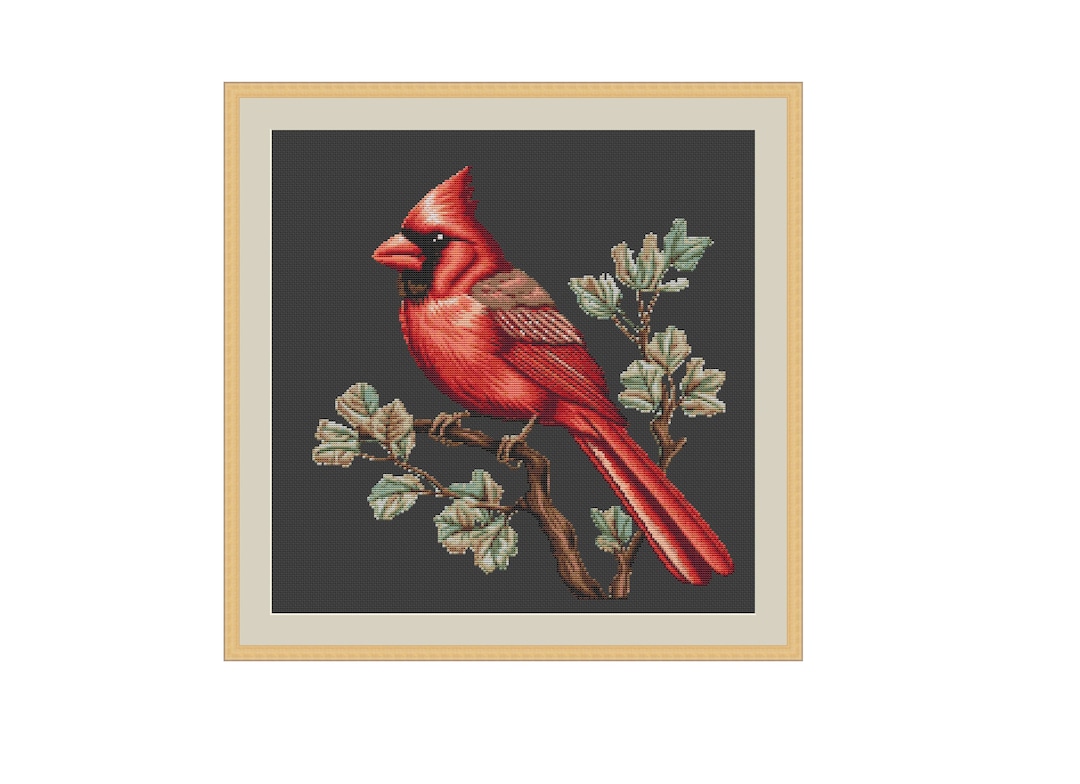Cardinal Red Bird Cross Stitch Pattern on Black Canvas - Sitting on ...