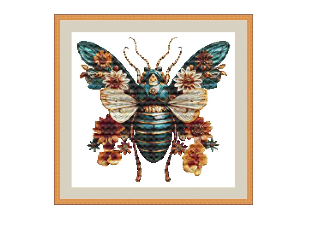 Insect Cross Stitch Pattern Blue Green Flowers Bee Nature Embroidery ...