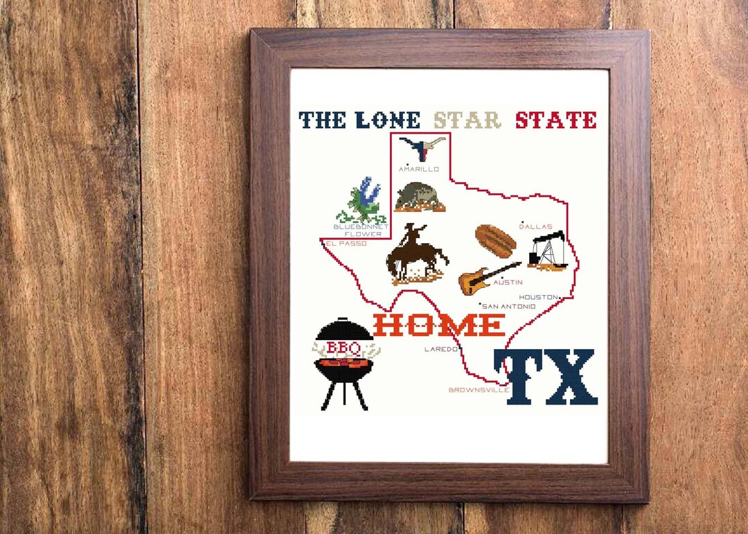Texas State Cross Stitch Pattern Detailed Map With Symbols Embroidery ...