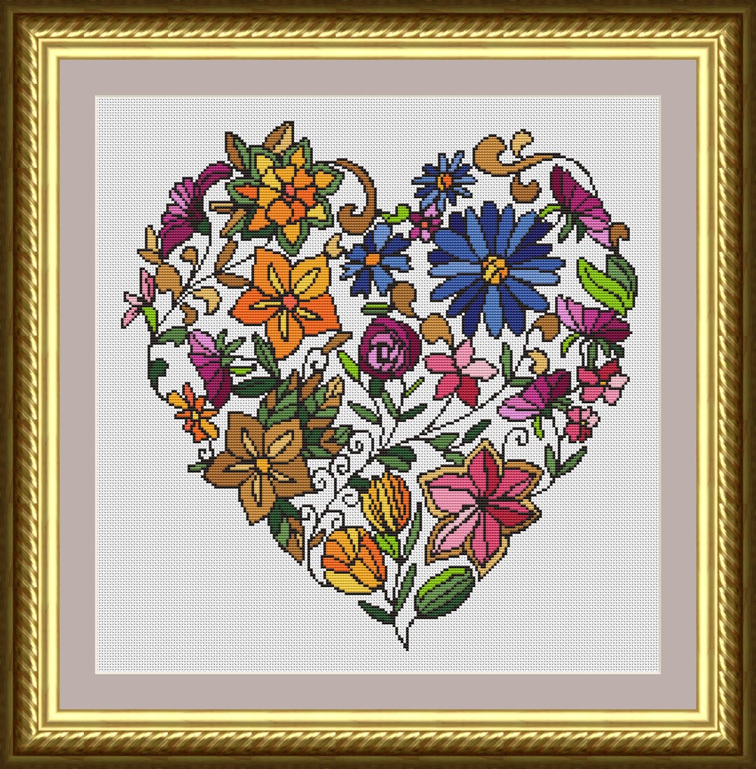Wildflower Floral Heart Cross Stitch Pattern, Detailed 31-color Design ...