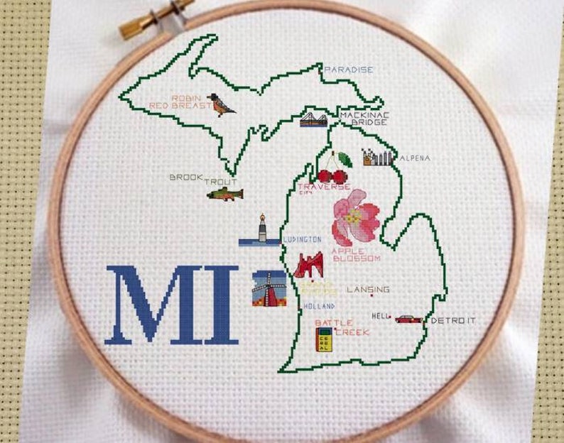 Michigan Map Cross Stitch Pattern Detailed Map DIY Chart for State ...