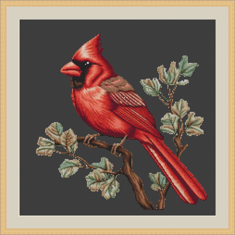 Cardinal Red Bird Cross Stitch Pattern on Black Canvas Sitting on ...