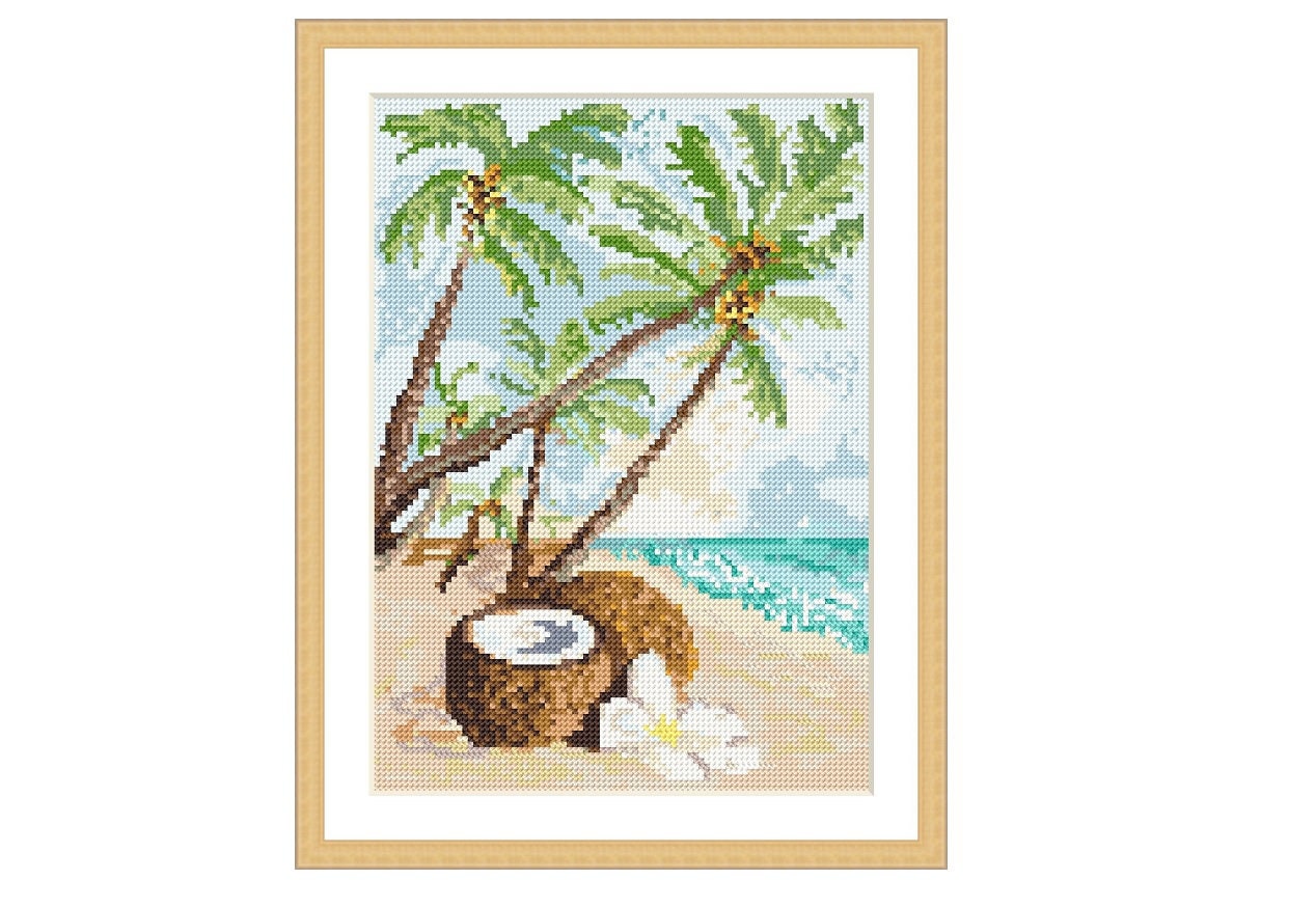 Tropical Beach Cross Stitch Pattern - Coconut, Palm, Trees, Ocean ...