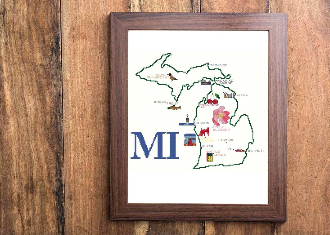 Michigan Map Cross Stitch Pattern - Detailed Map DIY Chart for State ...
