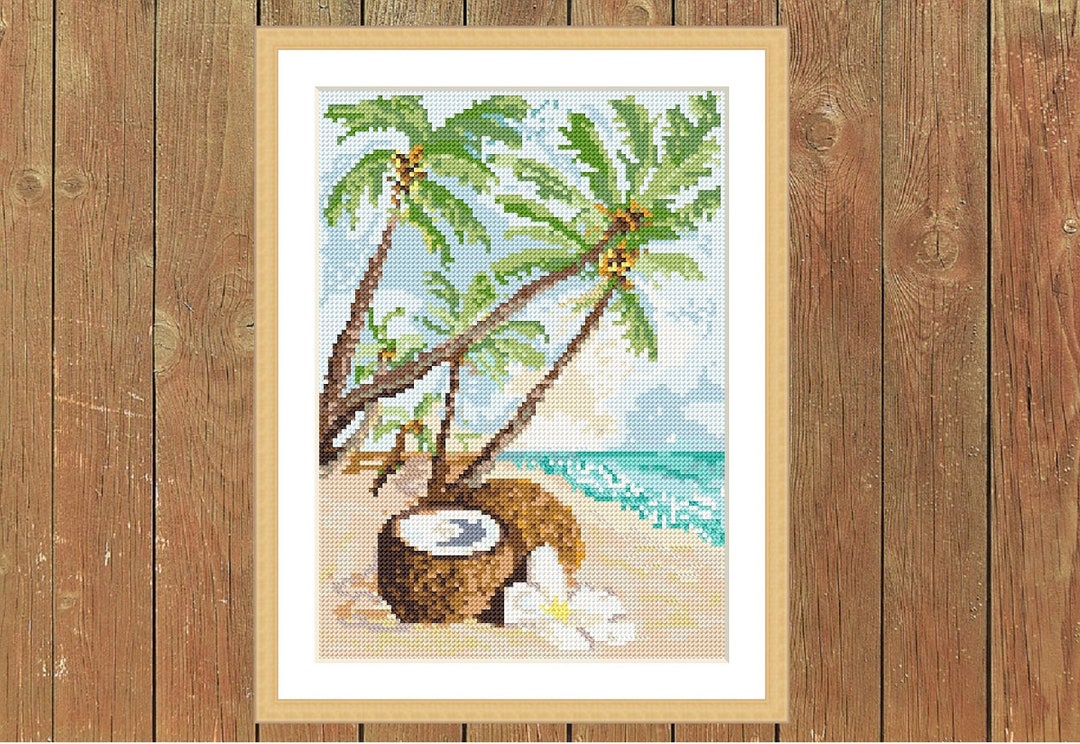 Tropical Beach Cross Stitch Pattern - Coconut, Palm, Trees, Ocean ...