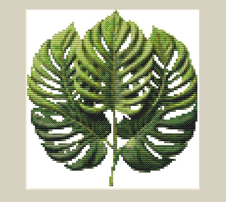 Realistic Monstera Leaf Cross Stitch Pattern 3 Leaves Modern Botanical ...