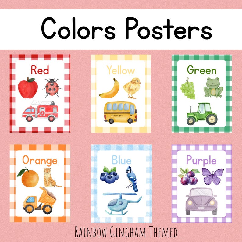 Gingham Colors Posters With Watercolor Images | 12 Colors | Classroom ...