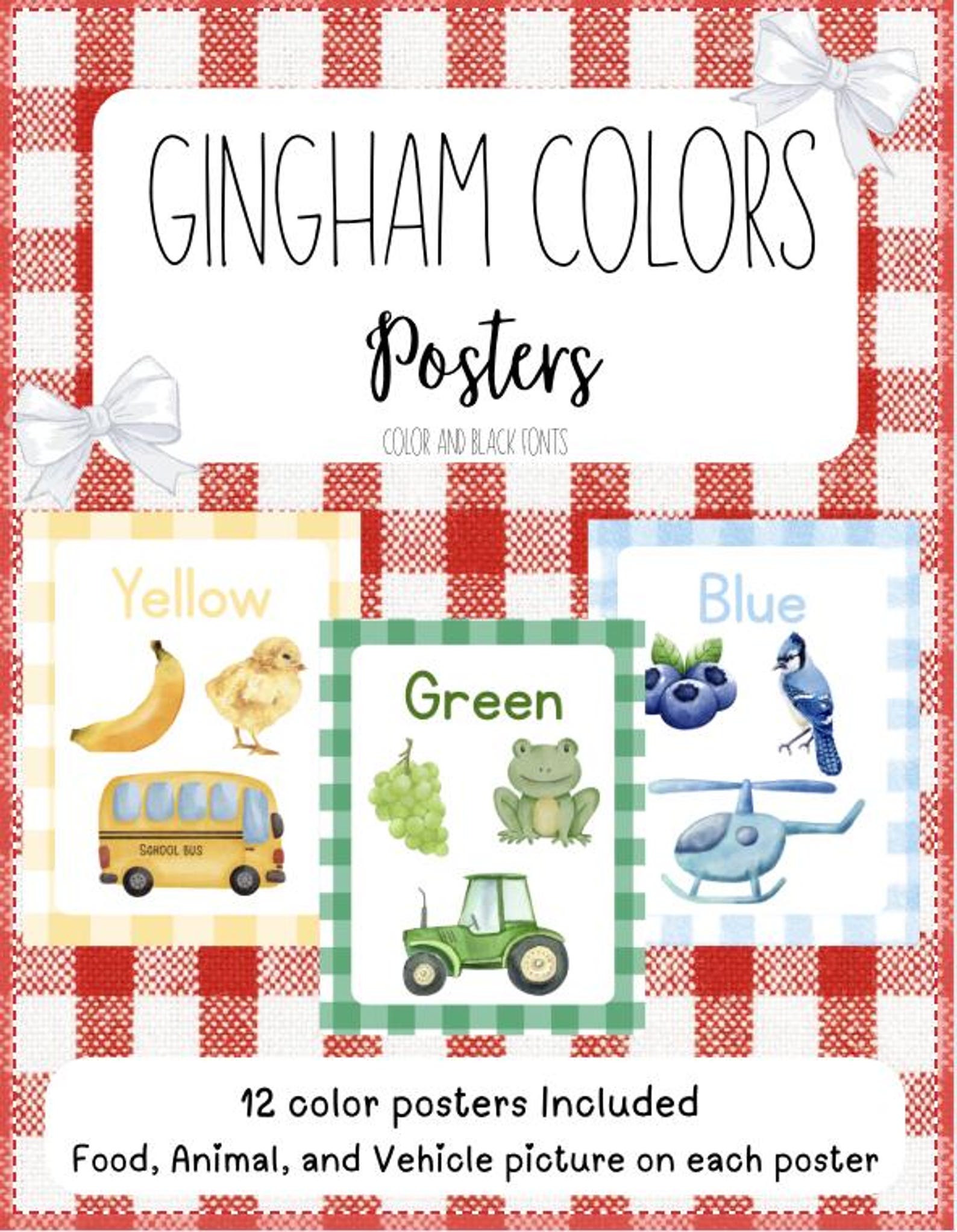 Gingham Colors Posters With Watercolor Images | 12 Colors | Classroom ...