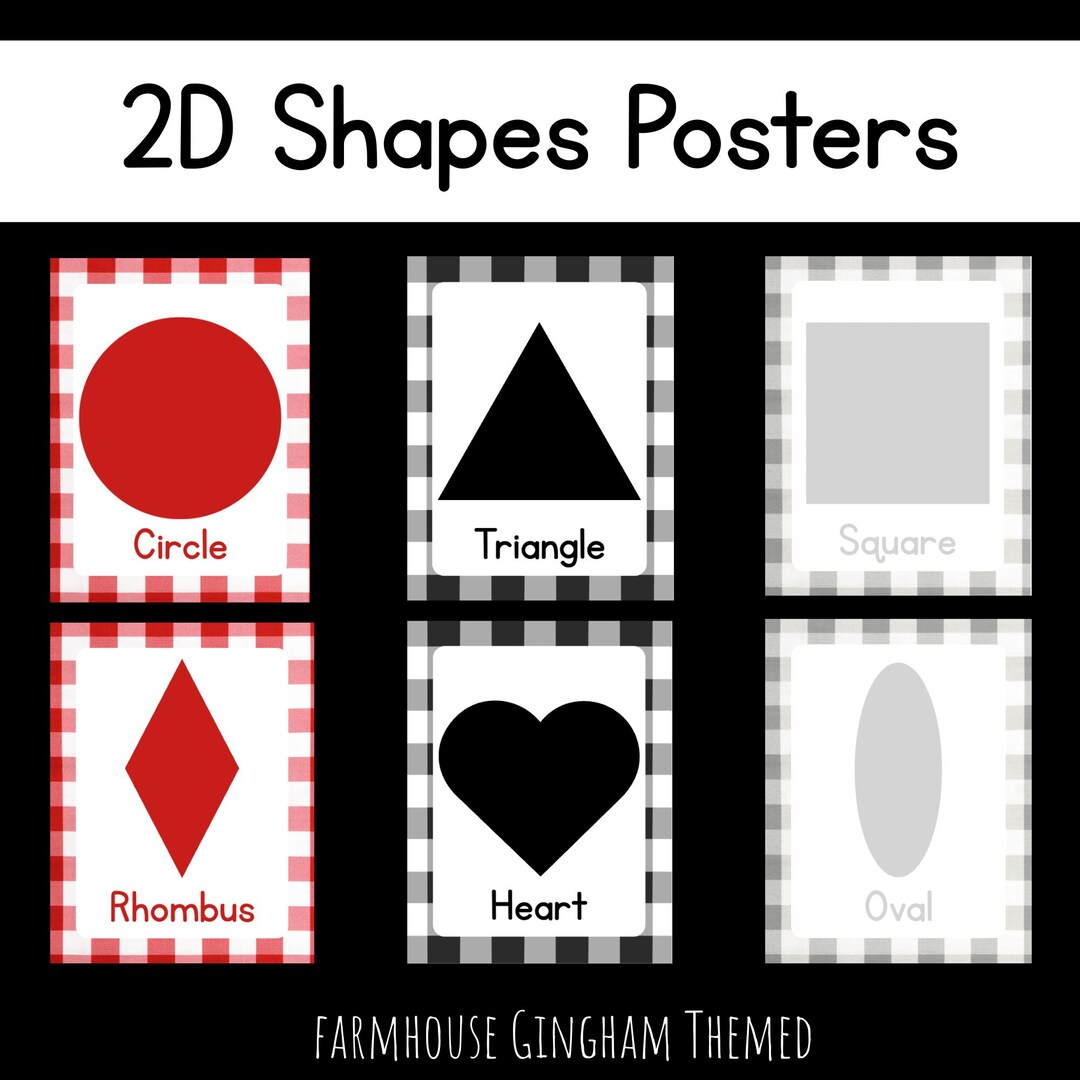 Gingham Shape Posters | Farmhouse Classroom Decor | 2D Shapes | Black ...