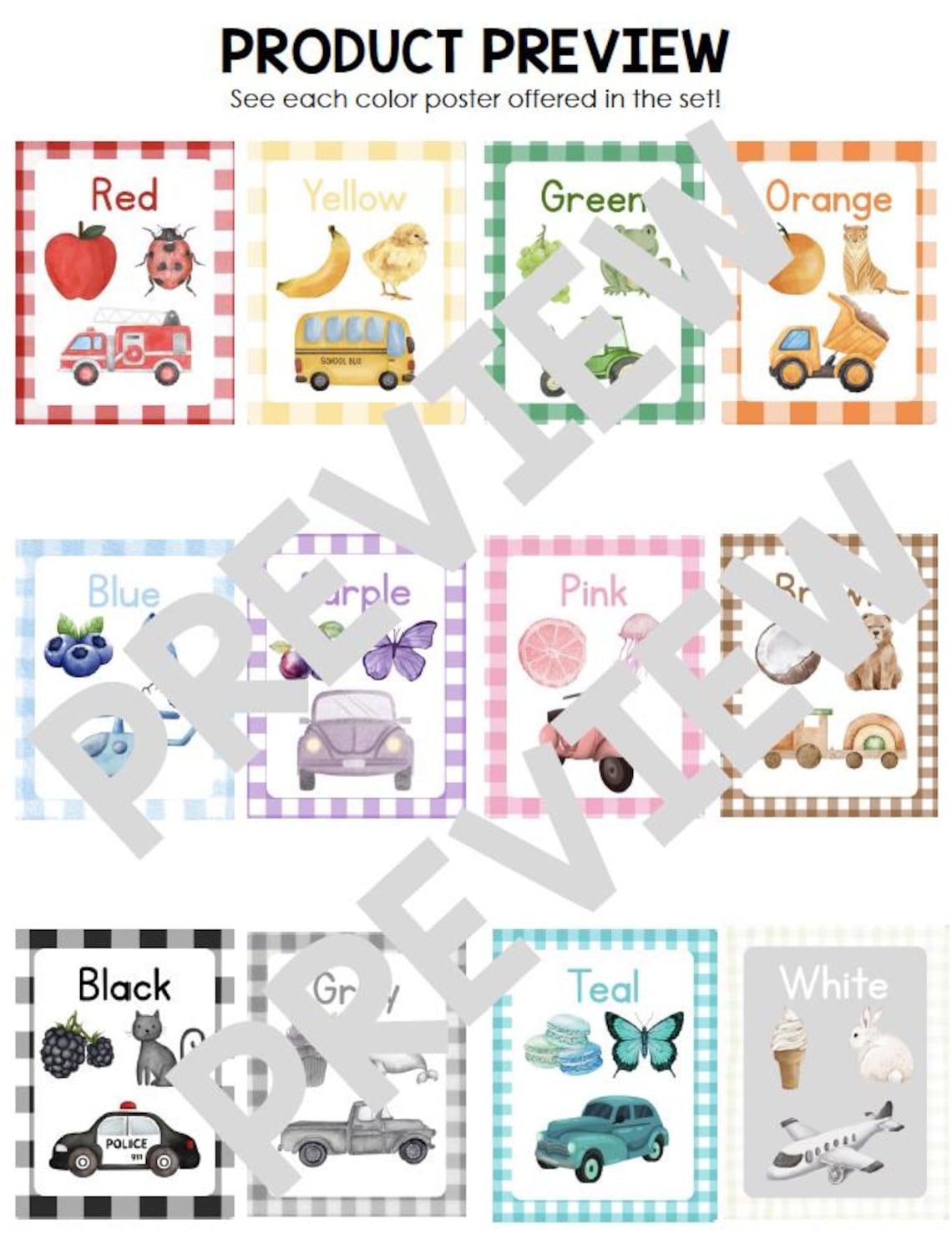 Gingham Colors Posters With Watercolor Images | 12 Colors | Classroom ...