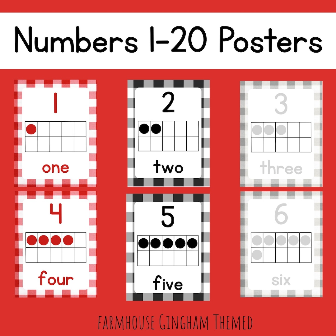 Gingham Number Posters 1–20 | Farmhouse Classroom Decor | Red, Black ...