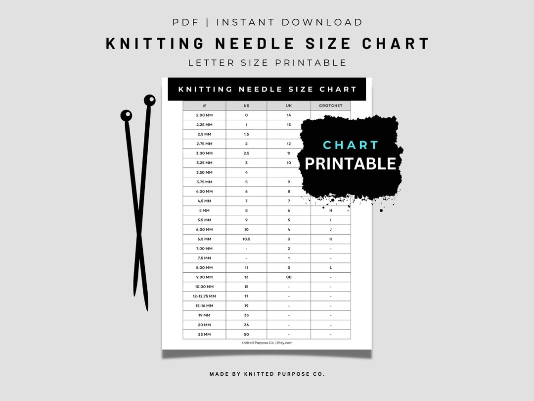 Knitting Needle Size Chart Printable: Beginner Knitting Basics (PDF ...