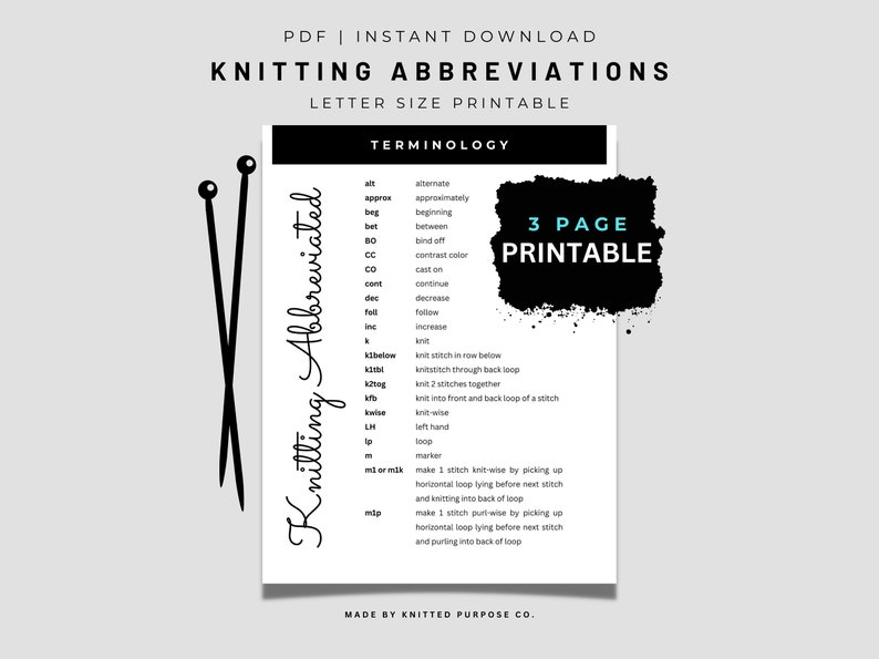 Basic Knit Terms/abbreviations Printable, Learn How to Knit PDF ...