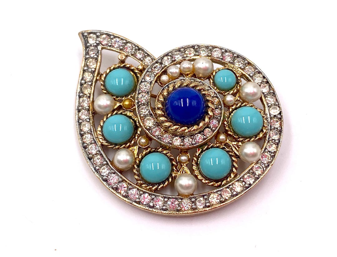 Vintage Swirl Brooch Signed Craft for Gem Craft Blue Dome Cabochons ...