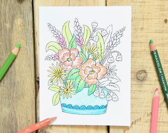 Set of 6 Coloring Cards Flower Coloring Card Set Everyday Card Set A2 ...