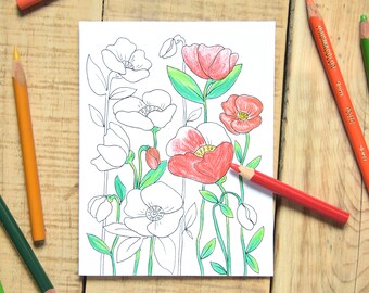 Set of 6 Coloring Cards Flower Coloring Card Set Everyday Card Set A2 ...