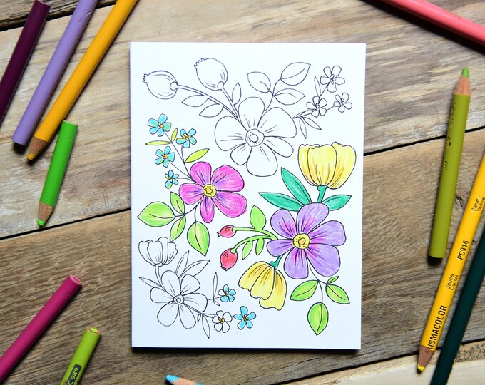 Set of 6 Coloring Cards Flower Coloring Card Set Everyday Card Set A2 ...