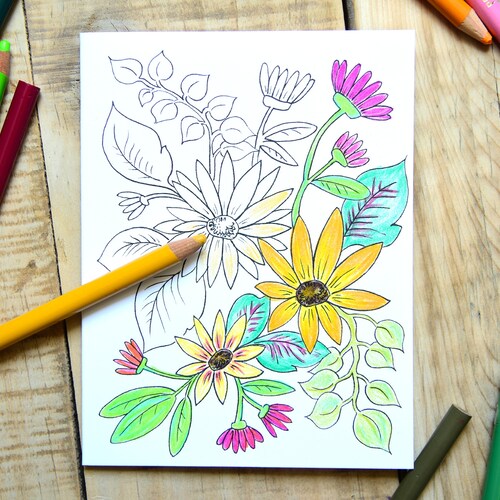 Set of 6 Coloring Cards Floral Color Cards Coloring - Etsy