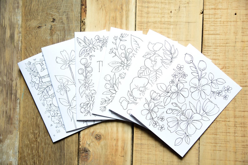Set of 6 Coloring Cards Flower Coloring Card Set | Etsy