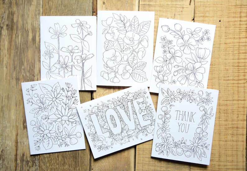 Set of 6 Coloring Cards Flower Coloring Card Set | Etsy
