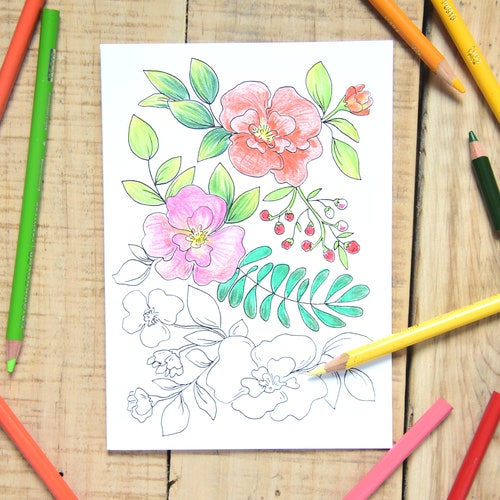 Set of 6 Coloring Cards Flower Coloring Card Set - Etsy
