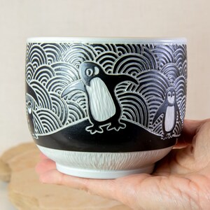 Hand Carved Porcelain Penguin Bowl - Black and White Sgraffito Bowl ...