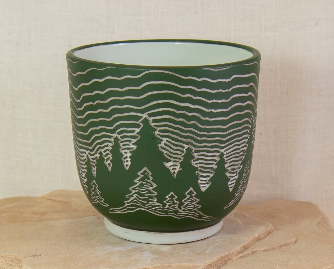 Hand Carved Sgraffito Porcelain Pot Green and White Bowl Handmade ...