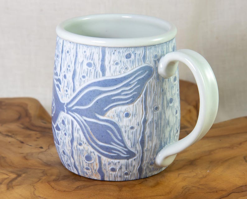 Large Hand Carved Sgraffito Fish Mug - Blue Carved Fish Mug - Hand ...