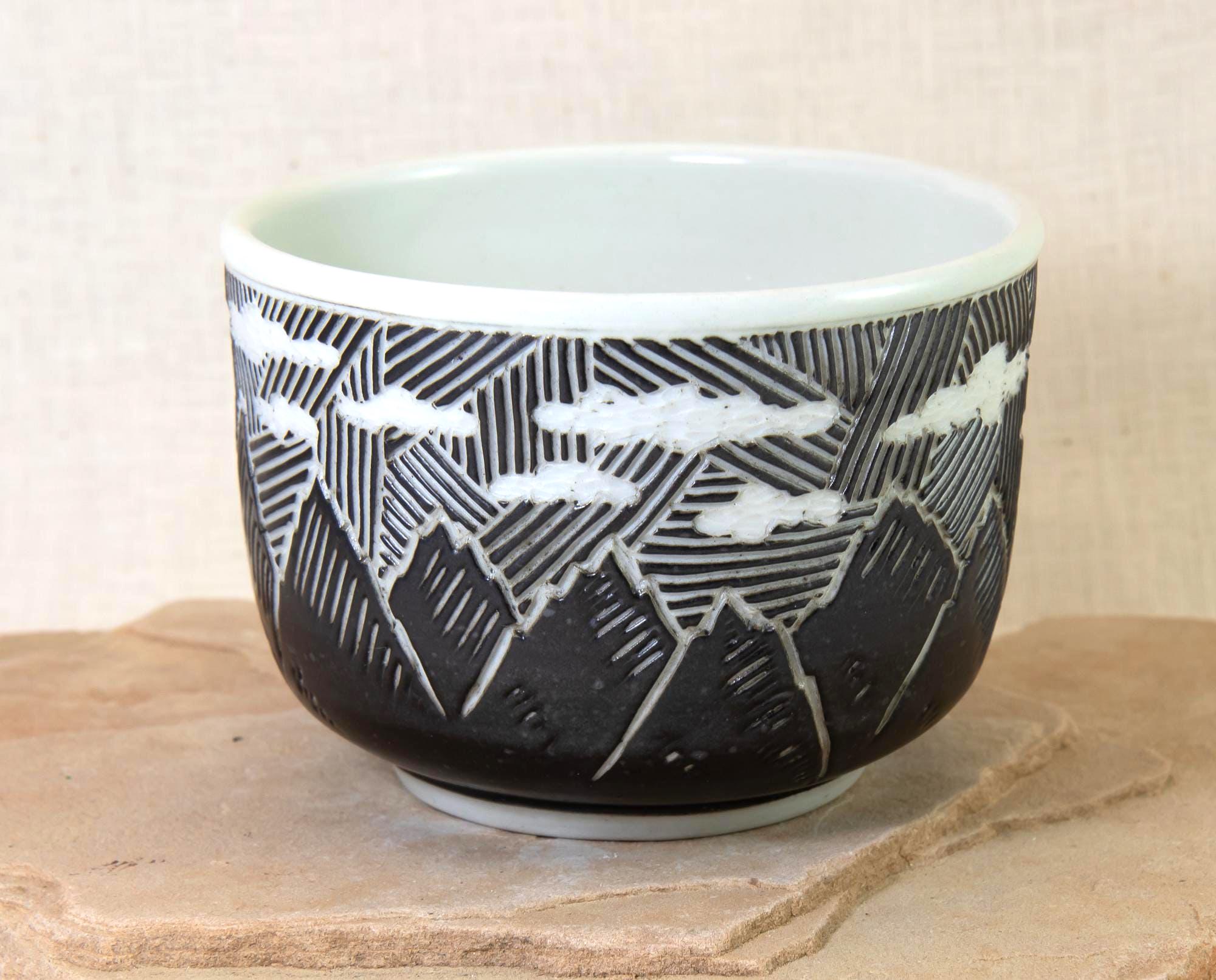 Black and White Mountain Bowl - Hand Carved Porcelain Sgraffito Bowl ...