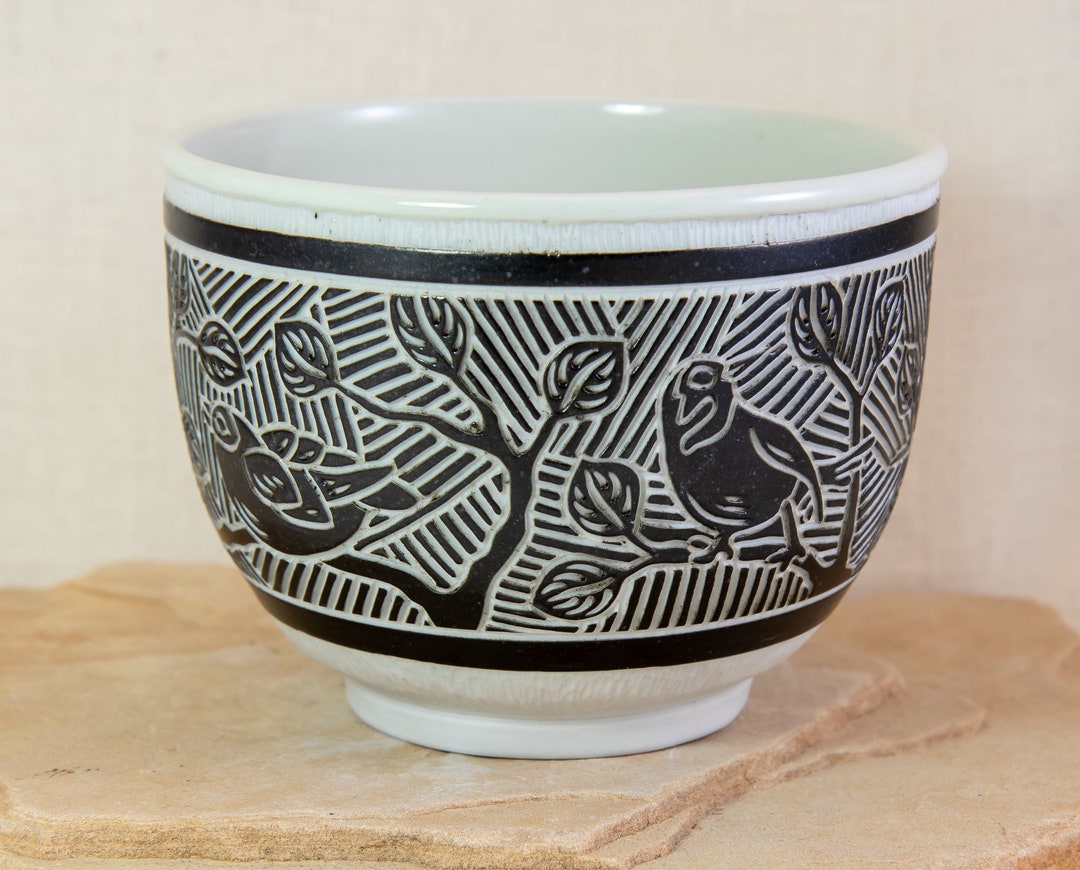 Hand Carved Porcelain Sgraffito Bowl - 5 Bird Carved Bowl - Black and ...