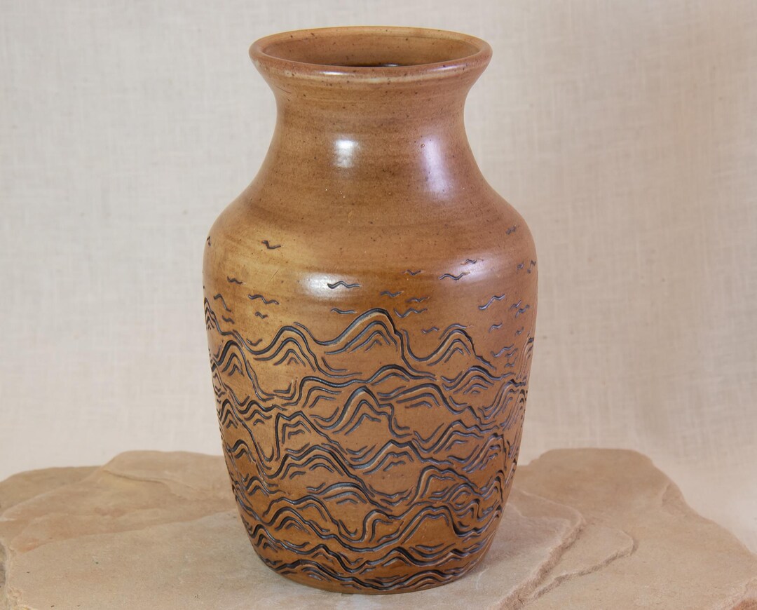 Hand Carved Vase Carved Pottery Vase Arts an Crafts Vase Earthy Design ...