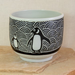 Hand Carved Porcelain Penguin Bowl - Black and White Sgraffito Bowl ...