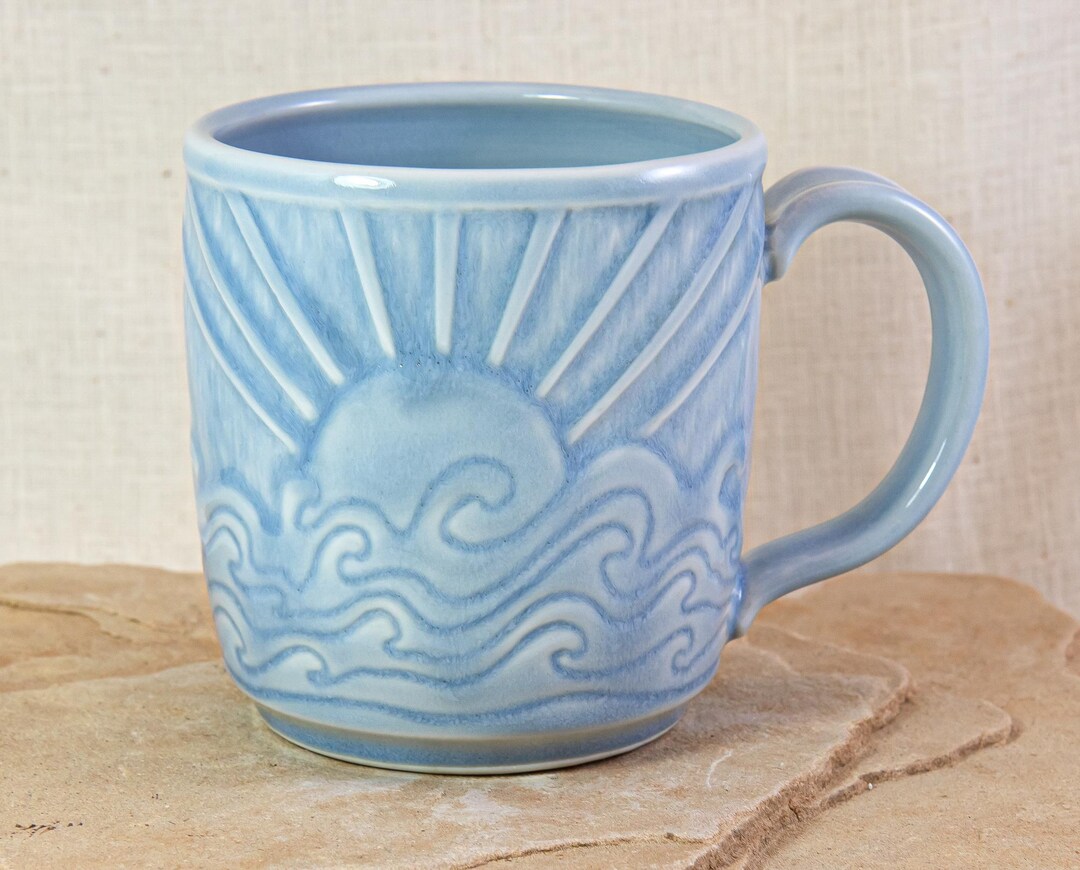 Ocean Wave Porcelain Mug Hand Carved Porcelain Mug Sunrise Carved ...