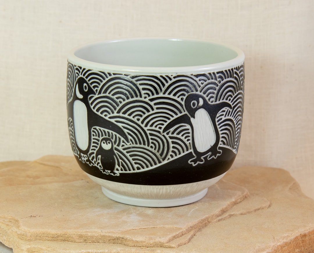 Hand Carved Porcelain Penguin Bowl - Black and White Sgraffito Bowl ...